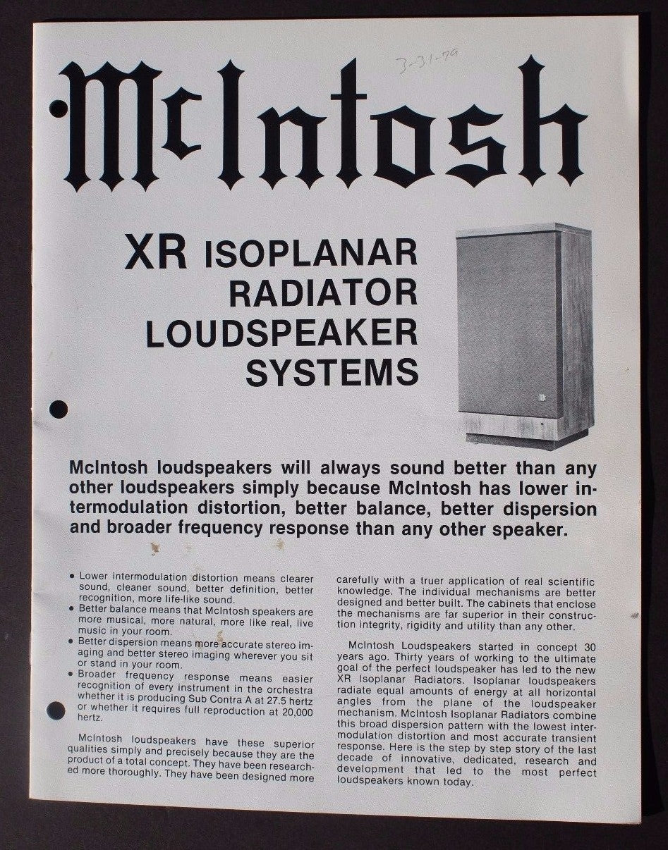 Vtg Mcintosh XR Isoplanar Speaker Information Product Guide SALES BROC ...