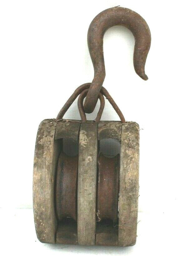 Large Vintage INDUSTRIAL Wood Block Tackle Double Pulley Wrought Iron ...