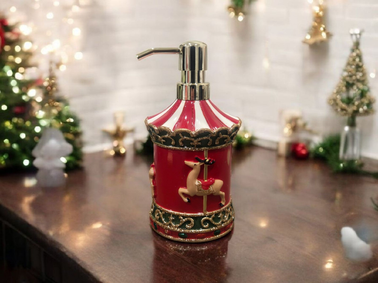 New Red / White Stripped Christmas Carousel Reindeer Soap Dispenser De ...